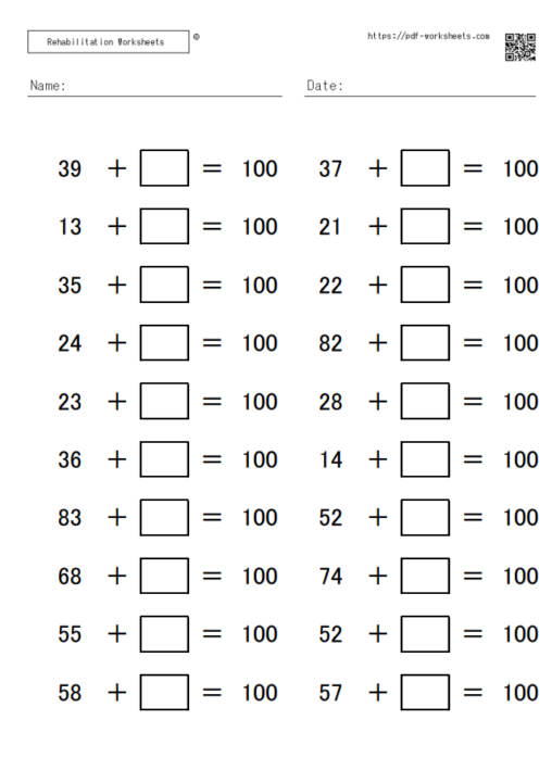 Calculation task that adds up to 100 (20 sheets) | Rehabilitation ...