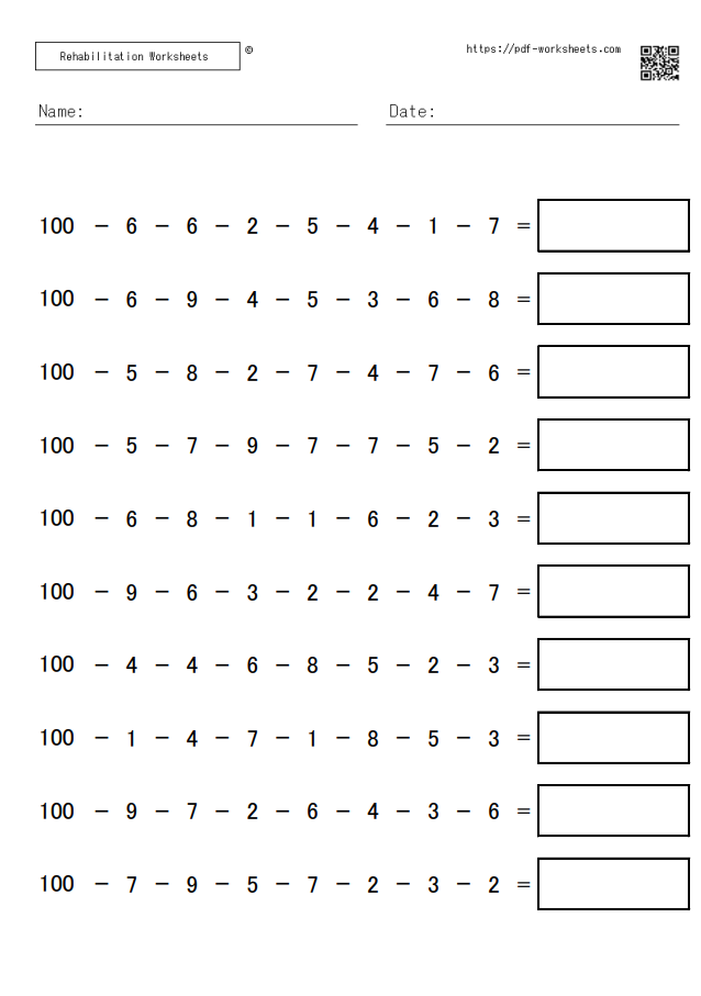 Continuous Subtraction Task 8 20 Sheets Rehabilitation Worksheets