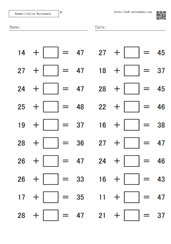 Horizontal Addition ver1 (20 sheets) | Rehabilitation Worksheets