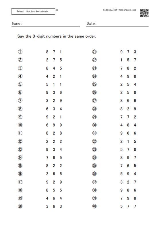 3-Digit Span Task Forward (5 sheets) | Rehabilitation Worksheets