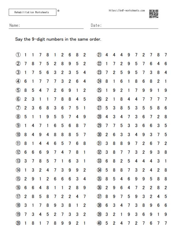 8-Digit Span Task Forward (5 sheets) | Rehabilitation Worksheets