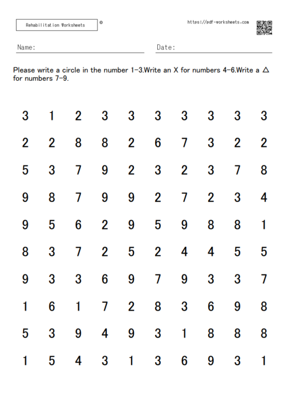 Number Cancellation Task (1-3→〇, 4-6→×, 7-9→ ) 10×10 (20 sheets ...