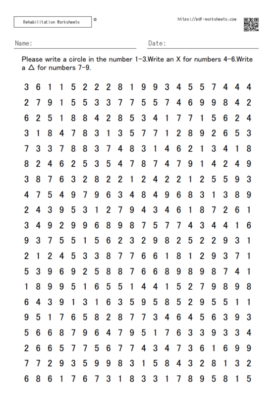 Number Cancellation Task (1-3→〇, 4-6→×, 7-9→ ) 20×20 (20 sheets ...