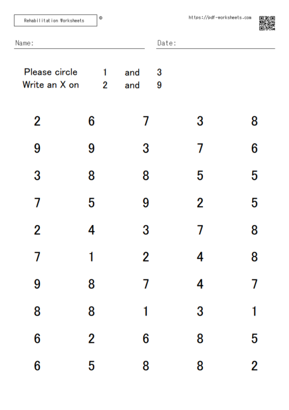 Number cancellation dual task 10×5 (20 sheets) | Rehabilitation Worksheets