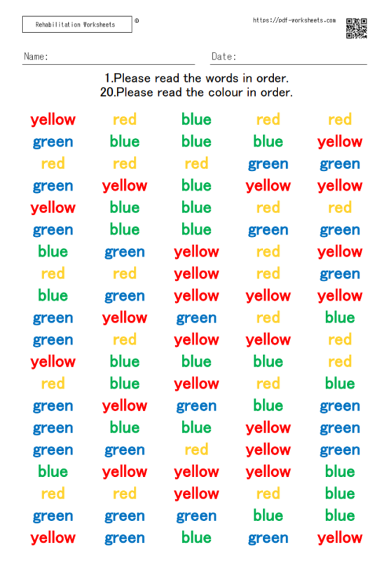 Stroop Task 10×5 (20 sheets) | Rehabilitation Worksheets