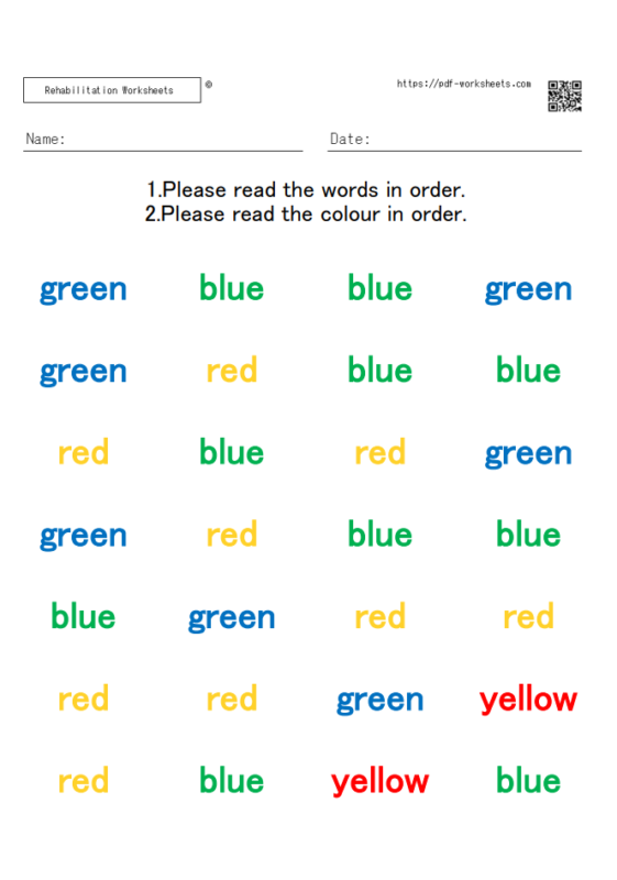 Stroop Task 7×4 (20 sheets) | Rehabilitation Worksheets