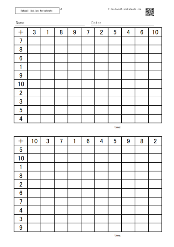 100 square calculation addition (20 sheets) - Rehabilitation Worksheets