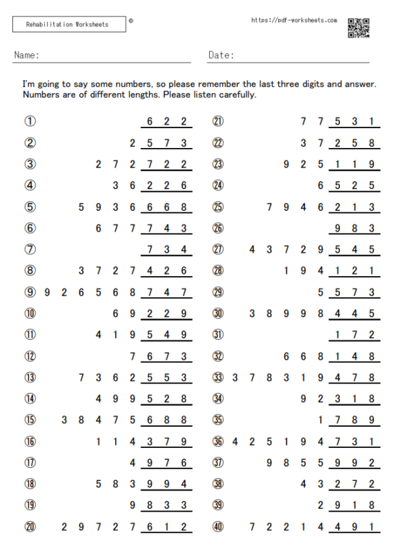 Number Memory Updating Task | Rehabilitation Worksheets