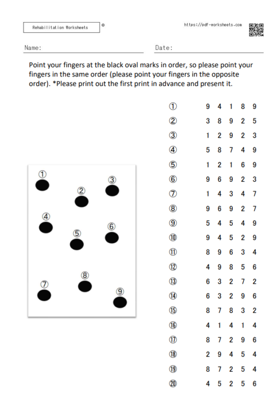 Tapping span task 4 digits (10 sheets) | Rehabilitation Worksheets