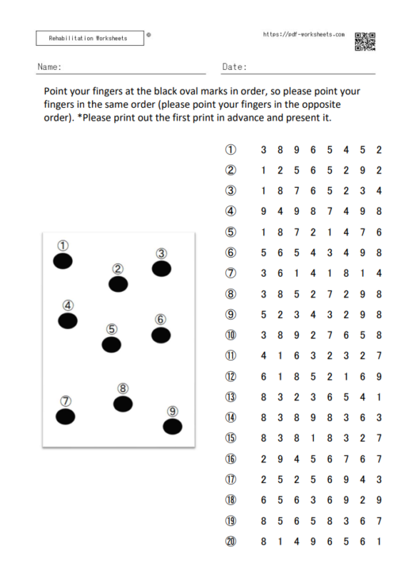 Tapping span task 8 digits (10 sheets) | Rehabilitation Worksheets