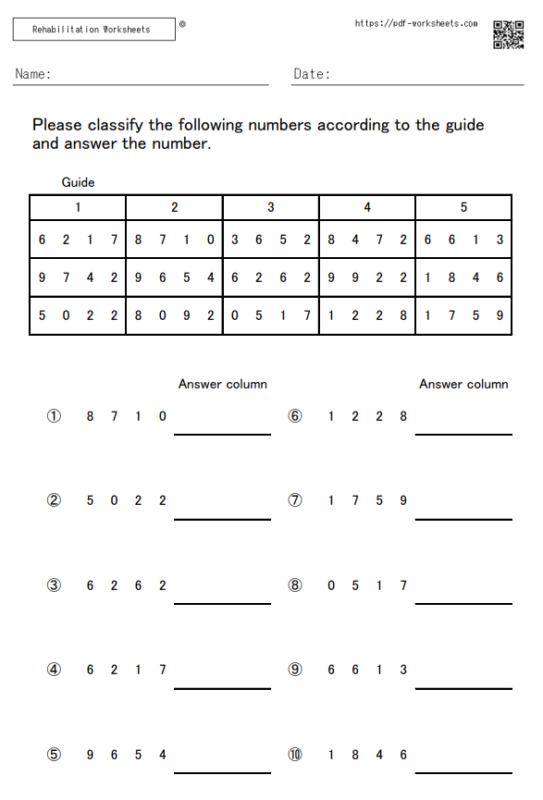 Numbers classification task (10 sheets) | Rehabilitation Worksheets