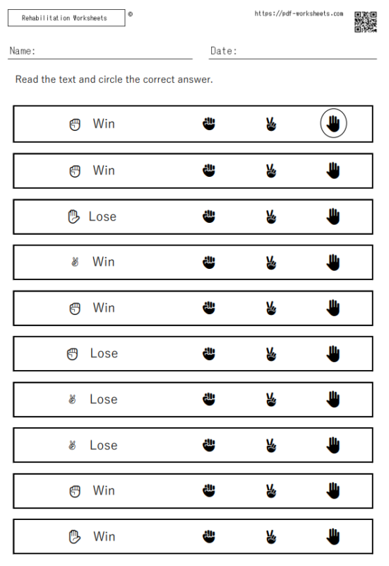 Rock-Paper-Scissors Task1 Win Lose (20sheets) | Rehabilitation Worksheets