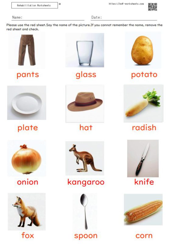 Naming task for aphasia | Rehabilitation Worksheets