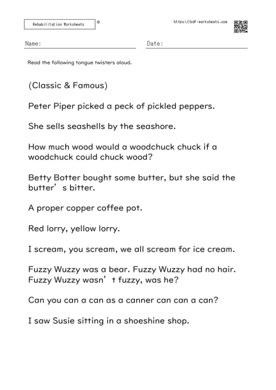 Tongue twister reading aloud task (7 sheets) | Rehabilitation Worksheets