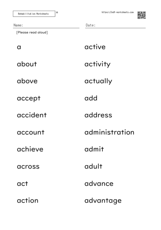 Word reading aloud task | Rehabilitation Worksheets