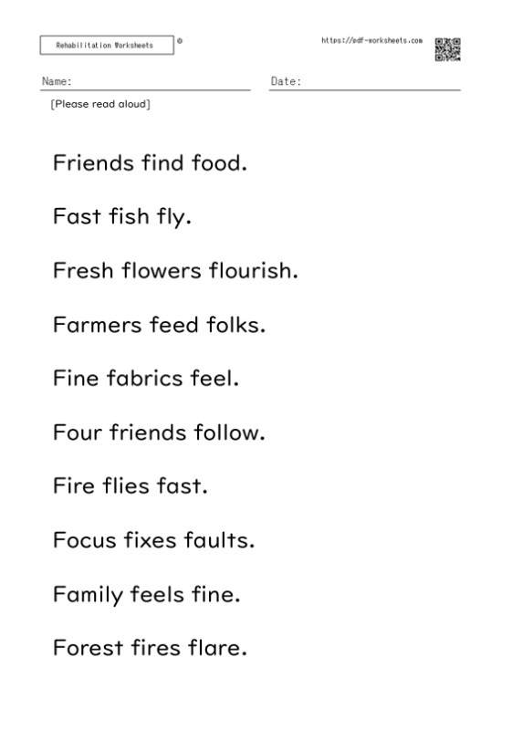 Reading aloud task three-word sentence F (10 sheets) | Rehabilitation ...